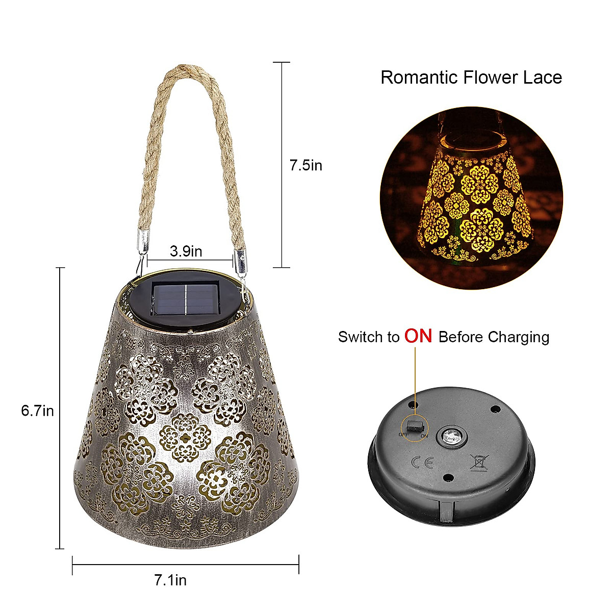 Outdoor Lanterns, Moyisea Hanging Solar Lantern Lights with Rattan Handle and Metal Hollow-Out Flower Lace, Waterproof Decorative Lantern for Patio, Porch, Garden and Tabletop, Bronze