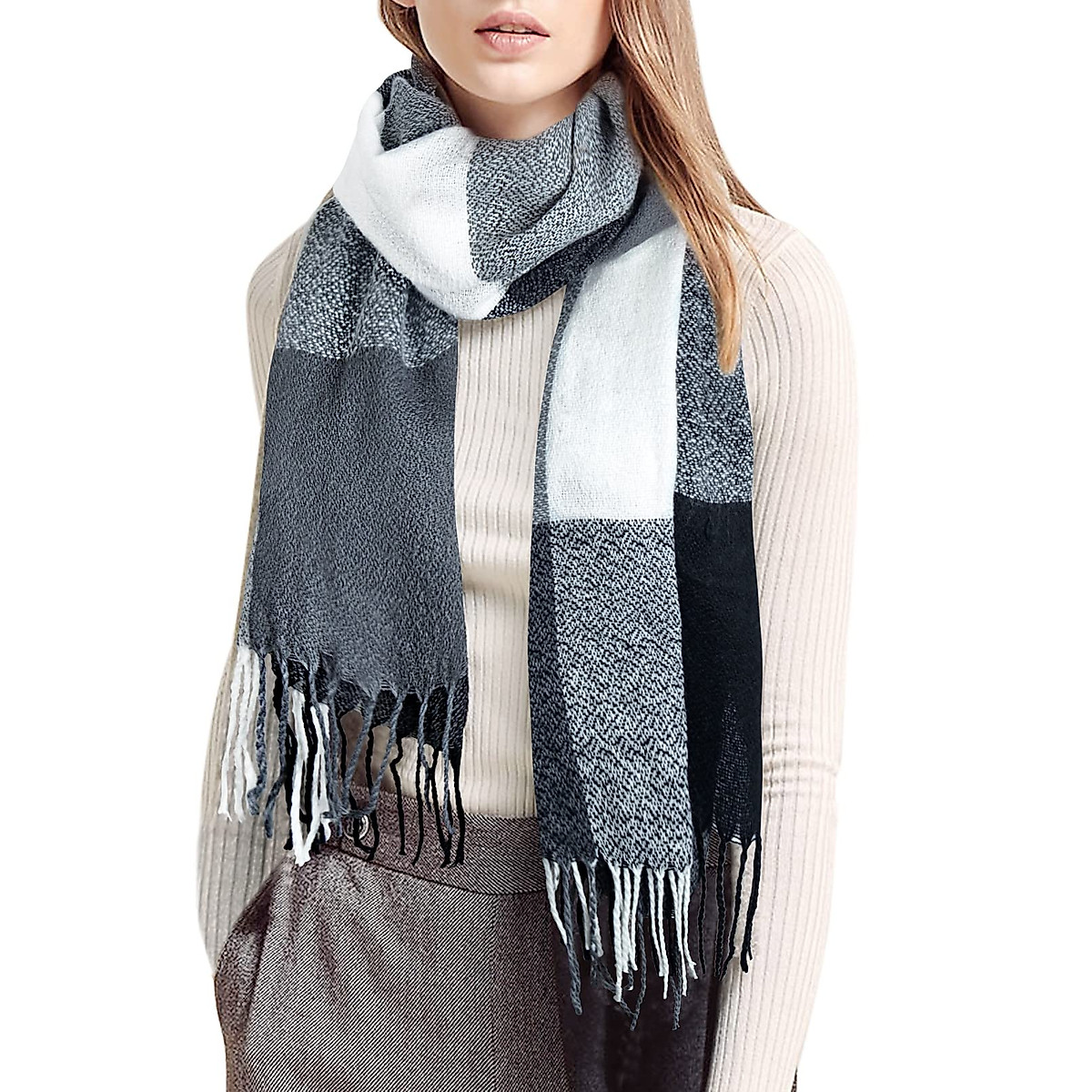 Loritta Womens Scarf Fashion Long Plaid Shawls Wraps Big Grid Winter Warm Lattice Large Scarves Gifts, Dark Grey White Lattice