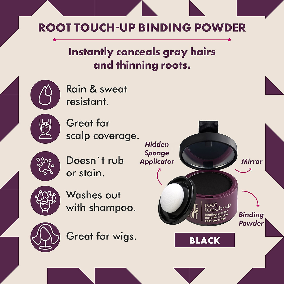 Root Touch Up Powder for Black Hair by Style Edit | Cover Color Grays and Roots Coverage Concealer Mineral Infused Binding Hairline