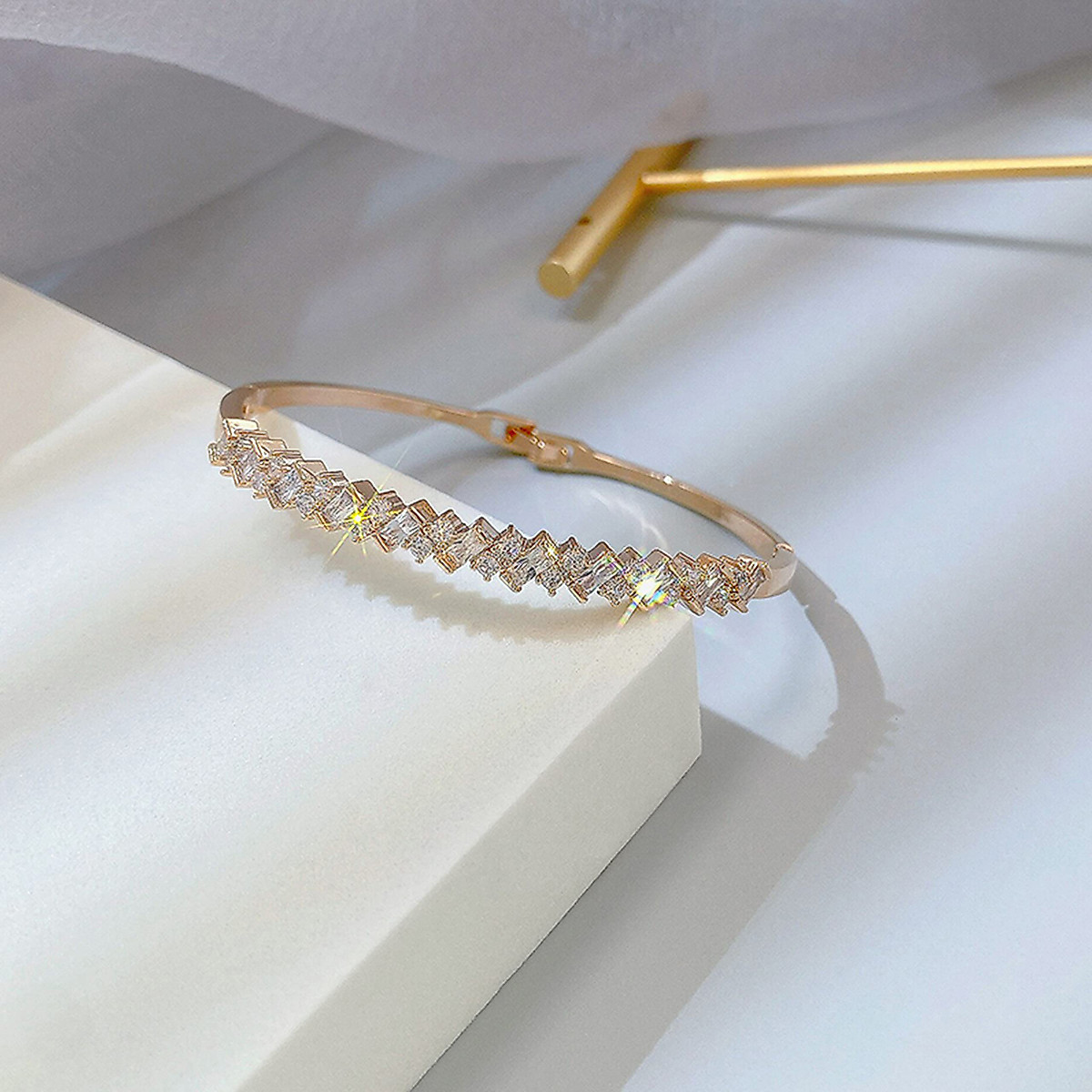 Cowlyn Open Cuff Bangle Cubic Zirconia Classic Tennis Bracelet 14K Gold Plated Jewelry for Women Women