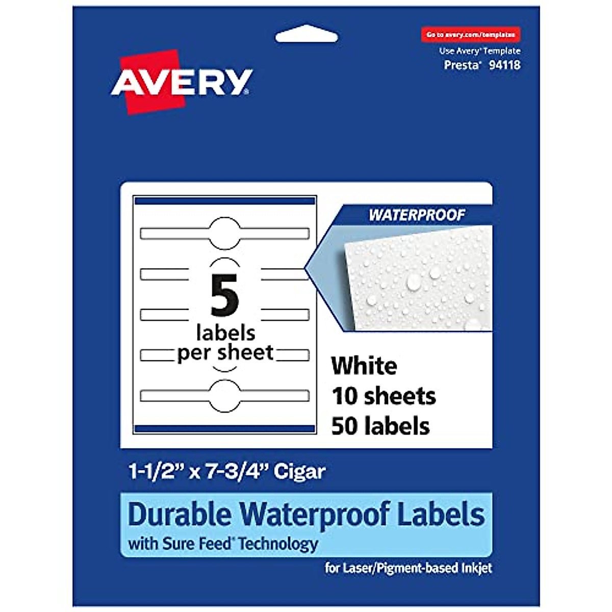 Avery Durable Waterproof Cigar Labels with Sure Feed, 1.5" x 7.75", 50 Oil and Tear-Resistant Waterproof Labels, Print-to-The-Edge, Laser/Pigment-Based Inkjet Printable Labels
