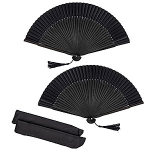 NAIVELY 2 Pieces Silk Folding Hand Fan - Chinese/Japanese Charming Elegant Vintage Retro Style, Good for Gifts, Parties, Performance, Dance, Decoration, Props (Classic Black)