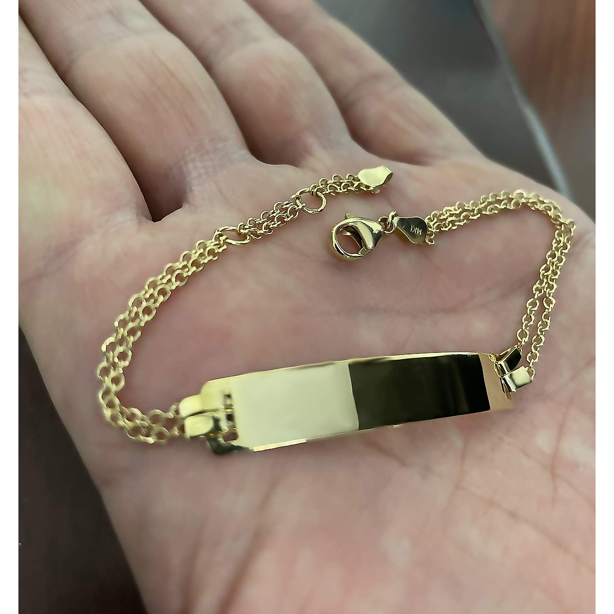 14kt Yellow Gold Name Bar Id Bracelet – Handmade 18k Solid Personalized Bracelets - Free Customizable Engraving Identification – Elegant Women's Gift Adjustable 6.5 ,7 ,7.5 Inches (Yellow, gold 14k)