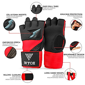 WYOX Gel Premium Hand Wraps for Boxing Gloves, Quick 80cm Wrist Wraps, Padded Knuckle Boxing Wraps for Men, Women, Muay Thai Hand Wraps, MMA Kickboxing Martial Arts Inner Glove (Red, S-M)