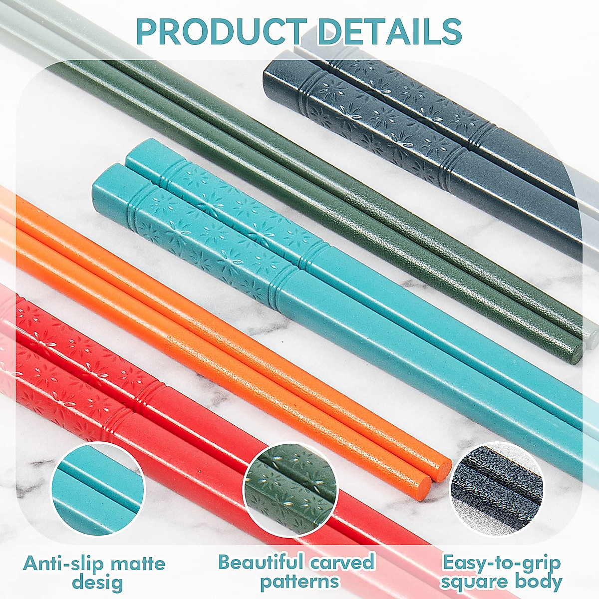 Chopsticks,LIANGKEN 5 Pairs Dishwasher Safe Fiberglass Chopsticks Set,9.5 Inch Reusable Japanese Chinese Chopsticks , Non-Slip, Easy to Use (colorful ) (9.5 inch, colorful)