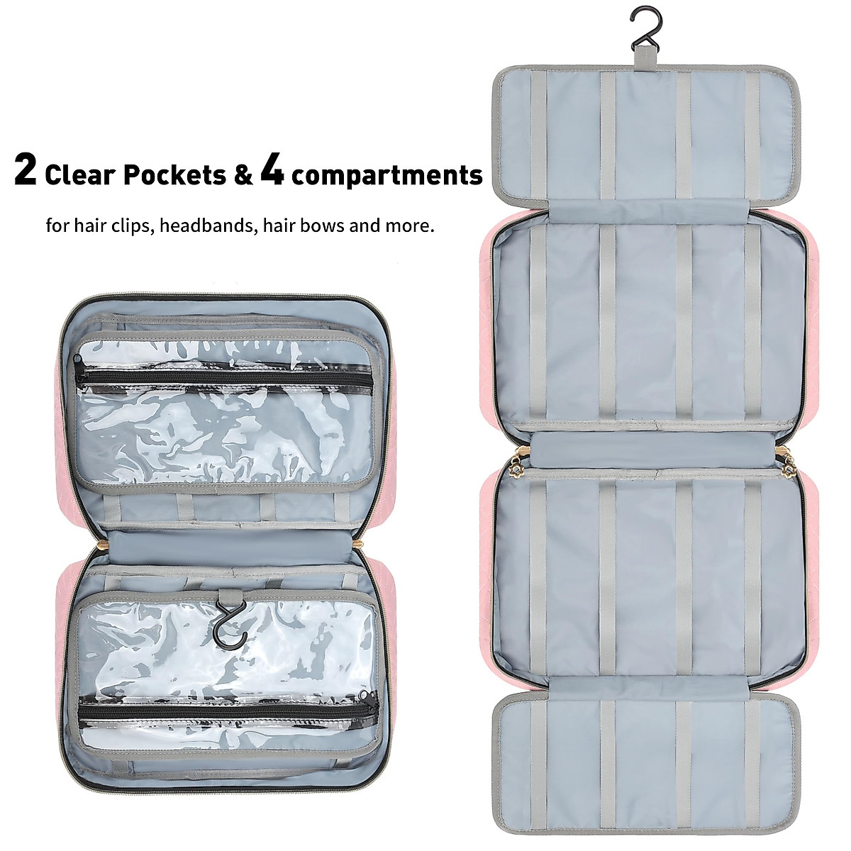 MICOM Hanging Hair Accessories Storage Bag for Girls, Hair Bow Organizer, Hair Accessories Storage Carrying Case for Display Hair Clips, Headbands, Scrunchies, Hair Ties Holder with Hook (pink)