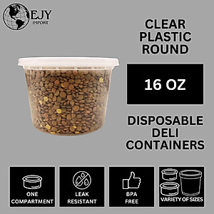 EJY IMPORT Clear Plastic Deli Containers with Lids - Ideal for Soup, Meal Prep & Food Storage, Disposable, Stackable - Safe for Microwave/Dishwasher/Freezer - BPA Free & Leakproof (16 OZ - 48 SETS)