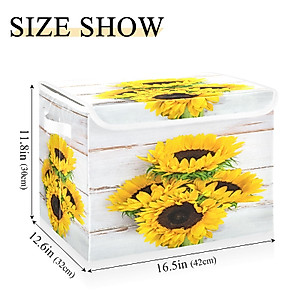 DIGTIA Summer Sunflower Bouquet Storage Bins with Lids Large White Rustic Wood Storage Basket with Handles Foldable Fabric Storage Box Organizer for Clothes Toys Closet Cabinet Home Office Bedroom