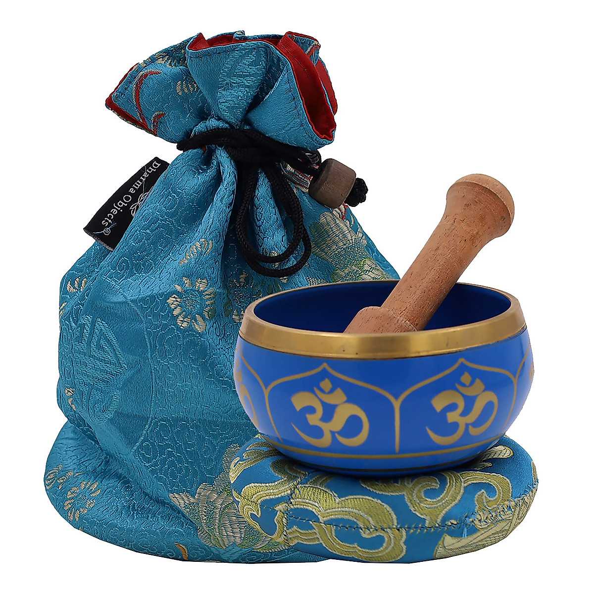 DharmaObjects ~ Tibetan OM Singing Bowl Set ~ With Mallet, Brocade Cushion & Carry Bag ~ For Meditation, Chakra Healing, Prayer, Yoga (OM, Turquoise)