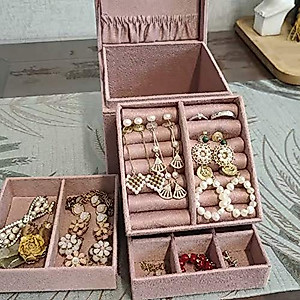 lemonadeus Retro 3-Layer Velvet Jewelry Organizer Jewelry Box for Women Girls Kids Small Jewelry Box Travel Portable Jewelry Holder Earrings Necklaces Bracelets Rings Organizer (floral cat pink)