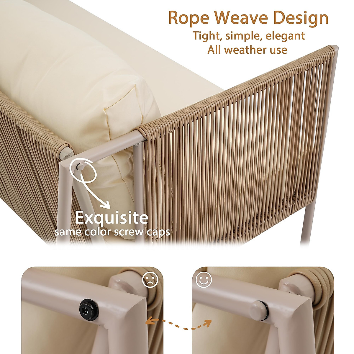 LUMISOL 4 Piece Rope Outdoor Conversation Sofa Set with Toughened Glass Table, Patio Furniture Set with Thick Cushions for 4 Person, Outdoor Furniture for Porch Backyard, Beige