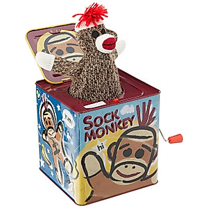 Sock Money Jack in the Box - Timeless Children's Musical Toy - Colorful Embossed Tin Box and Classic Sock Monkey Design - Age 18 months and Up
