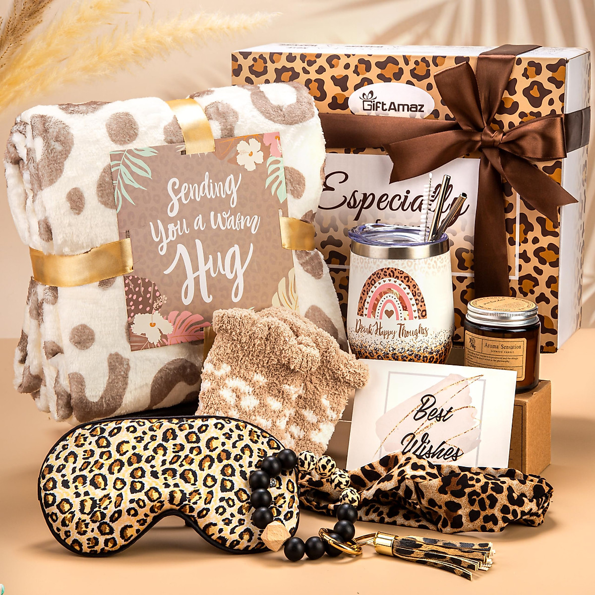 GiftAmaz Leopard Gifts for Women, Get Well Soon Gifts with Leopard Tumbler and Blanket, Care Package Thinking of You Birthday Gifts Basket Set, Leopard Print Christmas Gifts Box for Women Friend Mom