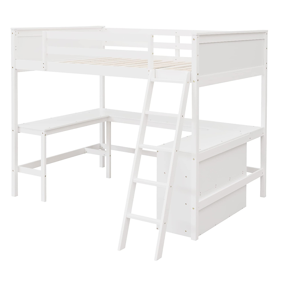 GINGVAT Full Size Loft Bed with Desk and Shelves, Wooden Bedframe and Safety Guardrails, Bedroom Furniture for Children/Teens, White