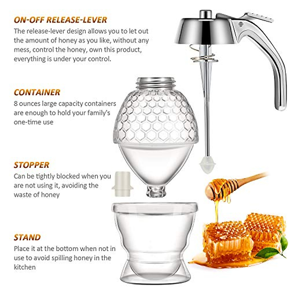 Acrylic Honey Dispenser with Stand Honey Comb Shaped Honey Pot, Syrup and Sugar Jar Pot, No Drip Honey Dispenser with High Capacity Honey Pourer Dispenser