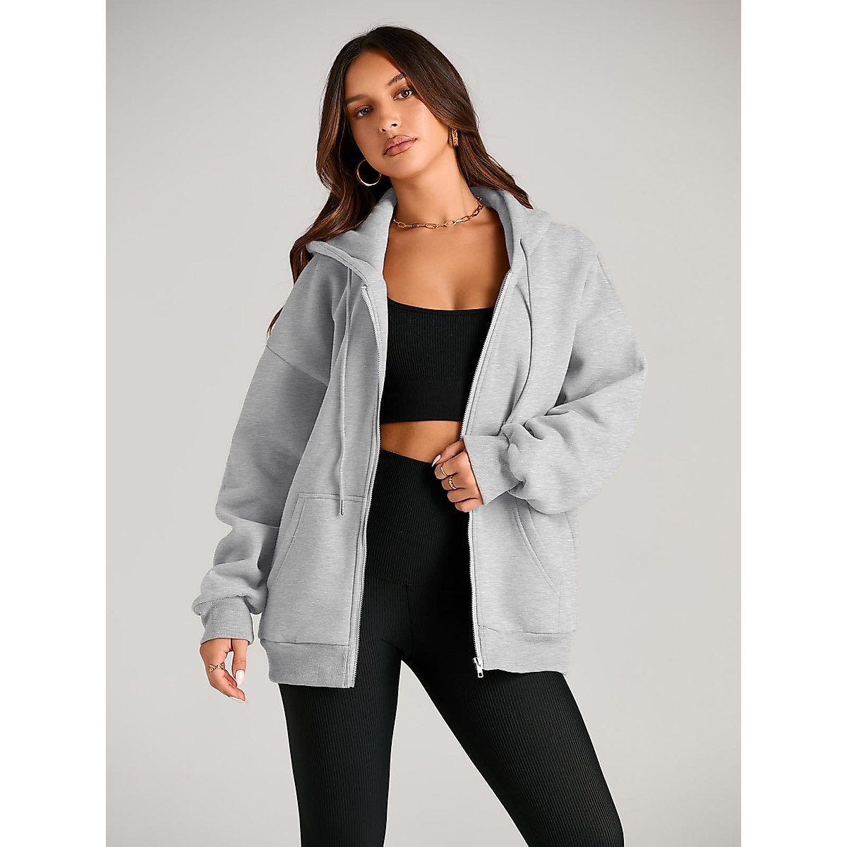 EFAN Women Zip Up Hoodies Oversized Sweatshirt Jacket 2024 Fall Fleece Cute Pullover Hooded Tops Teen Girls Casual Loose Fit Y2k Trendy Fashion Gym Clothes Outfits Grey XS