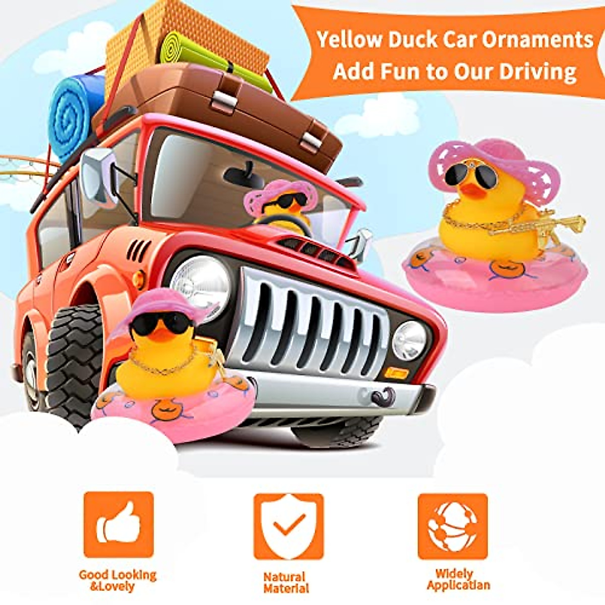 Zelobely Ducks for Cars - Rubber Duck Dashboard of Car, Car Duck Decoration Dashboard Yellow Rubber Duck Car Ornament with Mini Hat Necklace Sunglasses for Party Favors, Birthdays