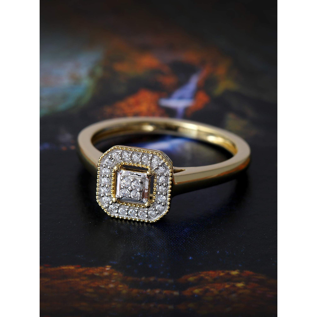 Sterling Silver with Yellow Gold Plating 1/10Ct TDW Radiant-Cut Diamond Framed Fashion Ring by Diamond Hub Love Gift for Women(I-J, I2)6.5