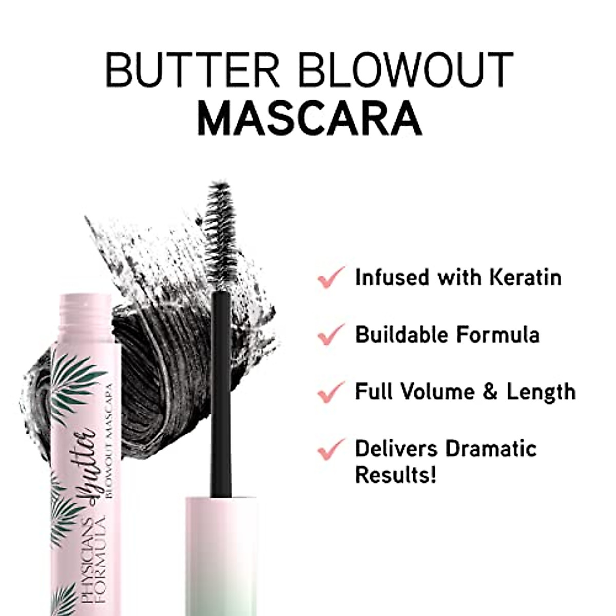 Physicians Formula Butter Blowout Mascara Black, Keratin Infused, Volumizing Mascara, Buildable, Lengthening Mascara, Defining, Curling, Multiplying, Blackest Black