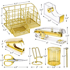 NiOffice Gold Desk Organizer Set with Acrylic Accessories - Includes Stapler, Tape Holder, Pen Holder, Scissors, Phone Holder, Binder Clips, Staple Remover and 1000 Staples