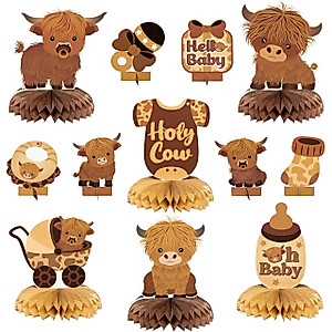 12Pcs Highland Cow Honeycomb Centerpieces Brown Highland Cattle Baby Shower Party Table Decorations Holy Cow Gender Reveal Cutouts Welcome Baby Party Table Toppers Photo Props Decor for Baby