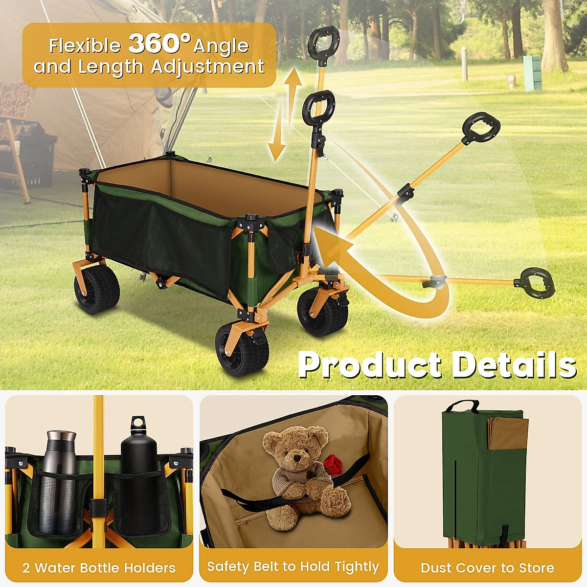 Calanofin Collapsible Folding Wagon Cart Utility 180L Portable Heavy Duty Garden Cart with All-Terrain Beach Wagon with Big Wheels for Sand, Side Pockets & Drink Holders for Shopping Camping Outdoors
