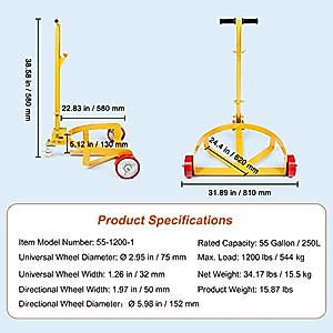 VEVOR 55 Gallon Drum Dolly, 1200 lbs Load Capacity, Barrel Dolly Cart Drum Caddy Round Dolly Steel Low Profile, Heavy Duty Steel Frame with Adjustable Handle 3 Wheels, for Workshop Factory Warehouse