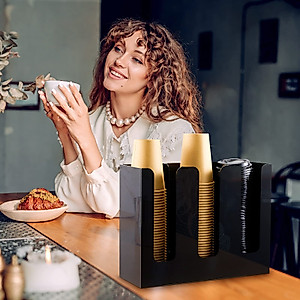 Mumufy 2 Pack 3 Compartments Acrylic Cup Storage Organizer Coffee Cup Dispenser Organizer Disposable Coffee Cup Holder Coffee Organizer Station Paper Cup Lid Sleeve Holder for Restaurant (Black)