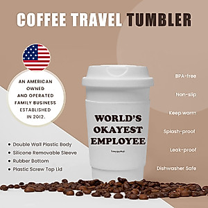 Funny Guy Mugs World's Okayest Employee Travel Tumbler with Removable Insulated Silicone Sleeve, White, 16-Ounce