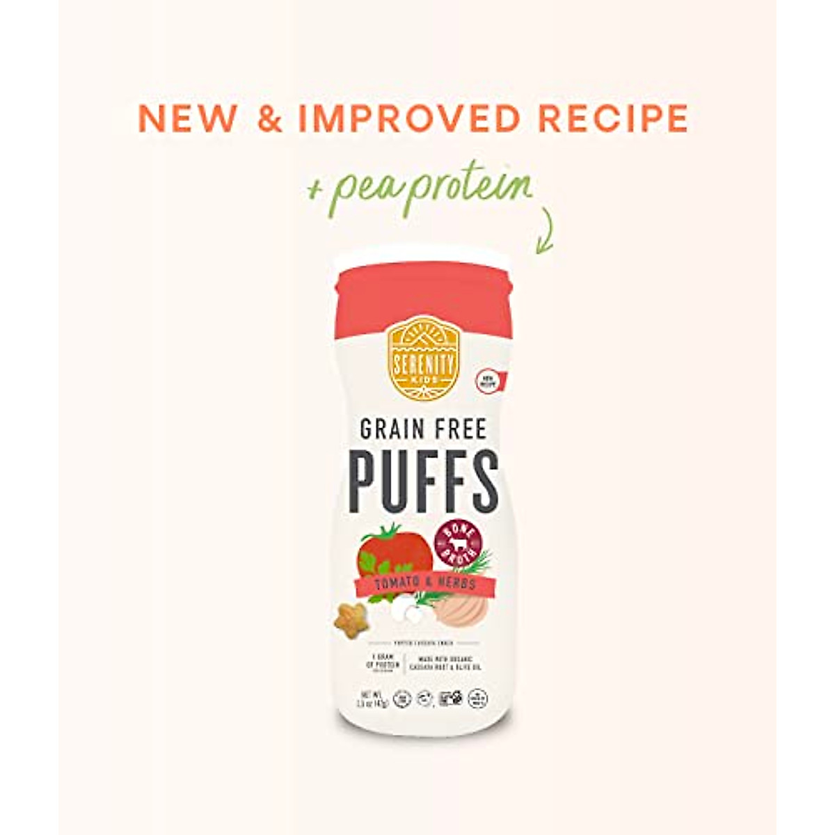 Serenity Kids 6+ Months Grain Free Puffs Toddler & Baby Snack | No Added Sugar, Gluten & Rice Free, Allergen Free | Made with Organic Cassava, Veggies, and Herbs | Tomato & Herbs | 6 Count