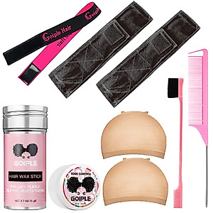 9 PCS Wig Accessory Kit - Lace Front Wig Sticks, Elastic Bands, Grip Bands, Caps, Edge Control Wax, Brush & Comb for Natural Hair Styling (Black)