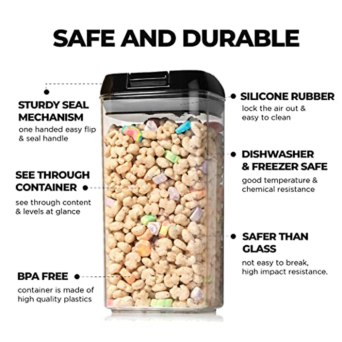 Shazo Airtight Container Set for Food Storage - 7 Piece Set + Heavy Duty Plastic - BPA Free - Airtight Storage Clear Plastic w/Black Interchangeable Lids kitchen counter storage Bin -18 Labels+Marker