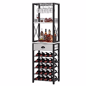 Homeiju Wine Rack Freestanding Floor, Bar Cabinet for Liquor and Glasses, 4-Tier bar Cabinet with Tabletop, Glass Holder, Storage Drawer and Wine Storage for Living Room, Home Bar(Patent No.D29872845)