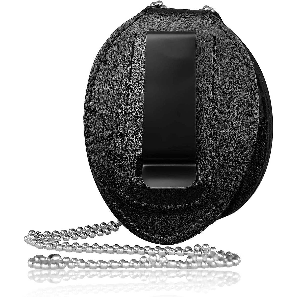 Police Badge Holder,Cowhide Universal Badge Holders Belt Clip,Metal Clip and Chain Included for Law Enforcement Officer Gifts (Black)