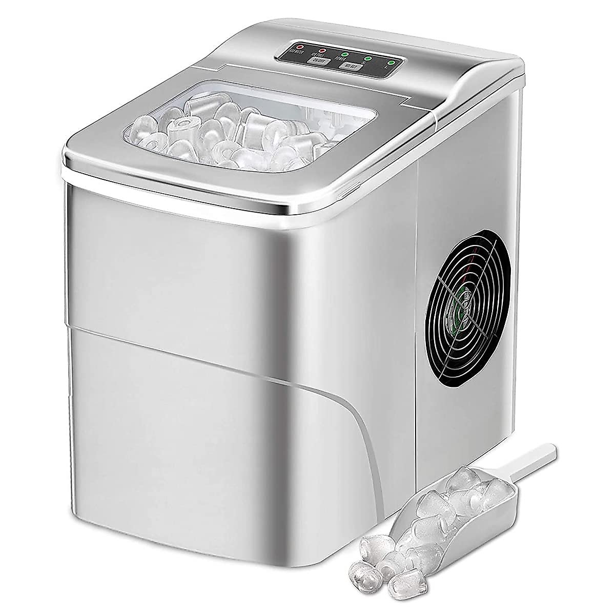 SMETA Bullet Pebble Ice Maker Machine Countertop, Chewable Nugget Ice Chip Maker Crushed Ice Machine Soft Chewy Ice Cubes Quick in 6-10mins, 26lbs/24H with Ice Scoop for Gift, Stainless Steel Silver