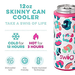 Swig Life Skinny Can Cooler, Stainless Steel, Dishwasher Safe, Triple Insulated Slim Can Sleeve for 12oz Tall Skinny Can Beverages in Party Animal Print