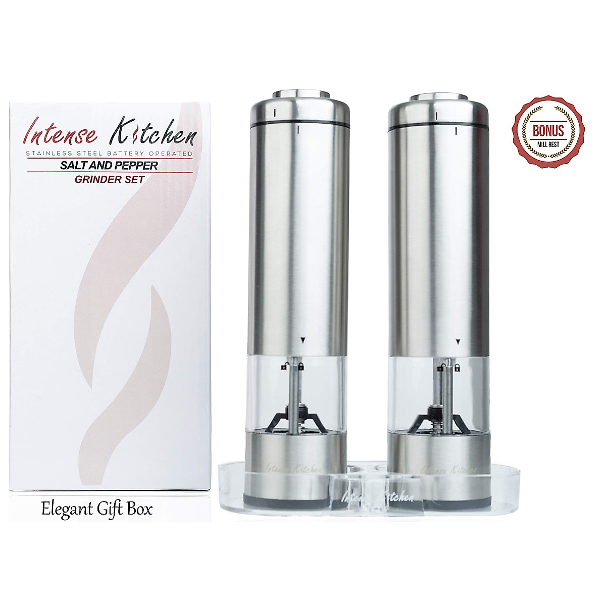 Electric Salt and Pepper Grinder Set by Intense Kitchen - Battery Operated Stainless Steel with Light & Clear Container Mills (2)- Adjustable Ceramic Coarseness - Fast Powerful Mill - One Hand Shakers