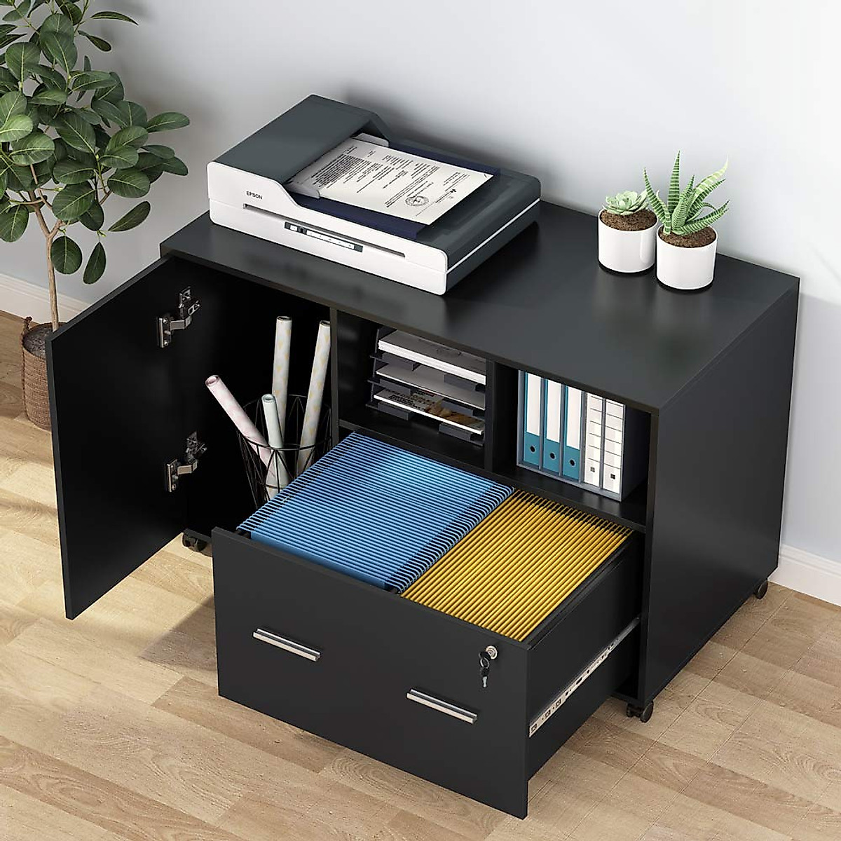 Tribesigns Large File Cabinet with Lock and Drawer, Modern Mobile Lateral Filing Cabinet Printer Stand Legal/Letter / A4 Size with Wheels and Storage Shelves for Home Office (Black)