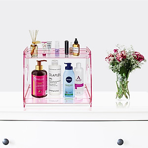 ROYALITA 2 Tier Pink Heart Bathroom Countertop Organizer Display Shelf, Acrylic Tray Vanity Perfume Storage Skincare Organizer for Counter, Cute Bathroom Sink Cosmetic Organizer Shelf