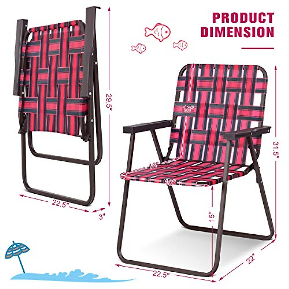 GYMAX Folding Chair, 6Pcs Patio Lawn Chair Set with Armrest, Indoor/Outdoor 6 Pack Webbed Lightweight Dinning Chair, Portable Beach Chair for Outside, Poolside, Backyard (Red)