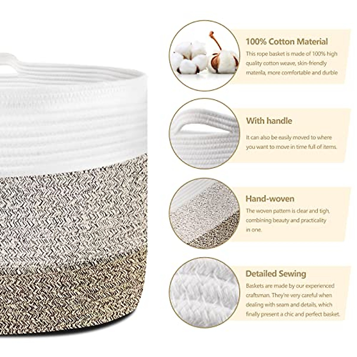 Large Woven Cotton Rope Basket - 22" x22"x 14", Baby Laundry Basket, Blanket Basket, Storage Baskets, Home Organizing Bins and Nursery Decor with Handle for Blankets, Toys, Clothes(White & Brown)