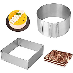 HAOYING 4 PCS Bakeware Set, 7-Layer Cake Slicer Cutter 9.5"-12",Cake Ring 6"-12", Square Cake Mold 6"-11", Heart Shape Cake Mold 4", Stainless Steel Pastry Slicing Rings Mousse Mould Baking Tools