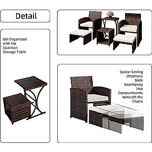 Esmlada 6 Piece Patio Furniture Conversation Set with Ottoman, Outdoor Brown Wicker Chair and Table Set with Beige Cushion, Balcony Furniture for Apartments. (Brown)