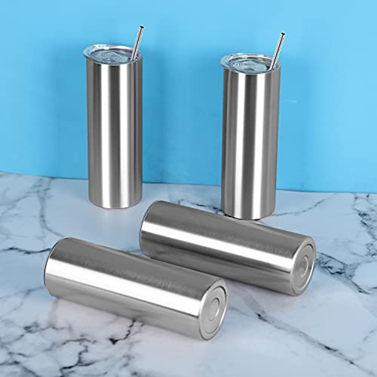 20 Oz Straight Skinny Tumbler Set, Stainless Steel Slim Skinny Travel Tumbler Bulk, Birthday Diy Gift For Women Friends Sisters, 4 Pack, Silver