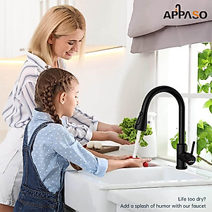 APPASO Black Kitchen Faucet with Pull Down Sprayer, 3-Mode Sprayer Kitchen Sink Faucet, 1 or 3-Hole Single Handle High Arc Stainless Steel Kitchen Faucet Black with Deck Plate, Matte Black