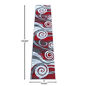 BizChair 2' x 11' Red Swirl Patterned Olefin Area Rug with Jute Backing for Entryway, Living Room, Bedroom