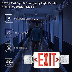 LED Exit Sign with Emergency Light, 2 Adjustable Head Flood Lights, OSTEK Double Sided Red Emergency Exit Sign and Lights Combo, 90min Backup Battery, Fire Resistant 120-277V (UL 94V-0)(1pack)
