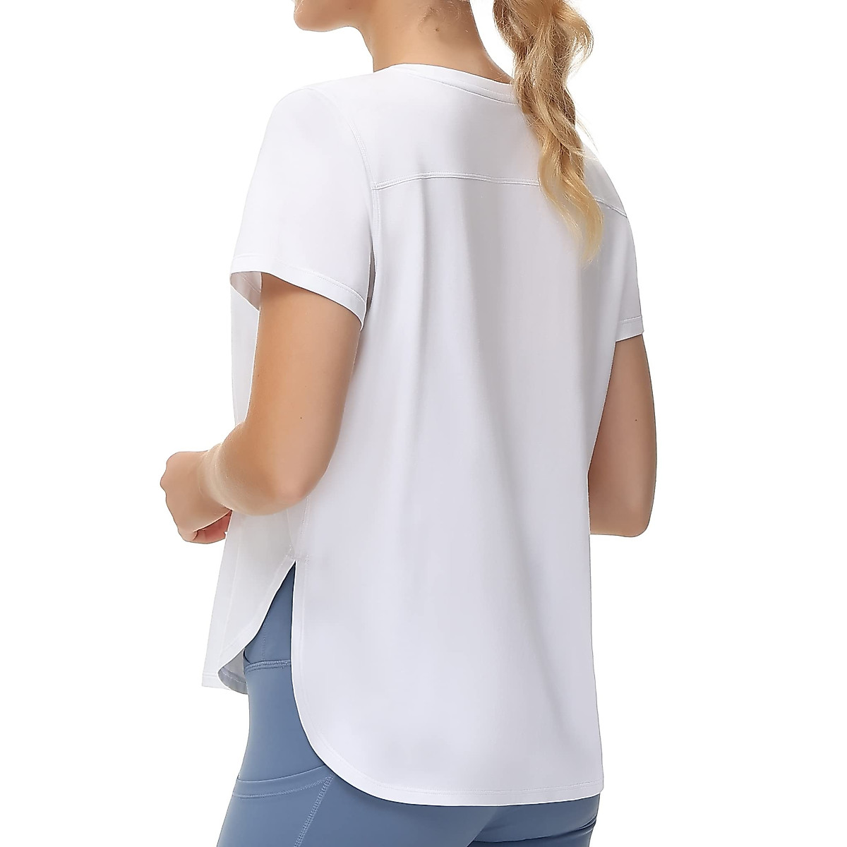 THE GYM PEOPLE Women's Workout T-Shirts Loose Fit Short Sleeve Cotton Running Basic Tee Tops with Split Hem White