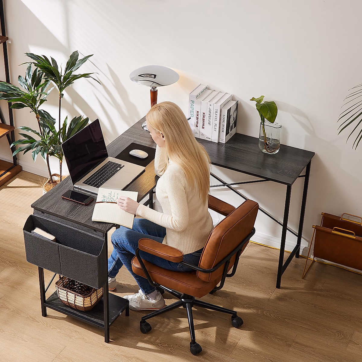 Sweetcrispy L Shaped Gaming Desk, Computer Corner Table PC Gaming with CPU Stand Side Bag for Home Office Dorm Sturdy Writing Workstation, Grey, 50 Inch