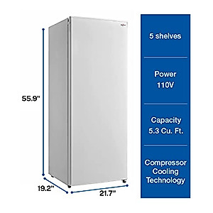 Koolatron Compact Upright Freezer, 5.3 cu ft (150L), White, Manual Defrost Design, Space-Saving Flat Back, Reversible Door, for Home, Apartment, Condo, Cottage